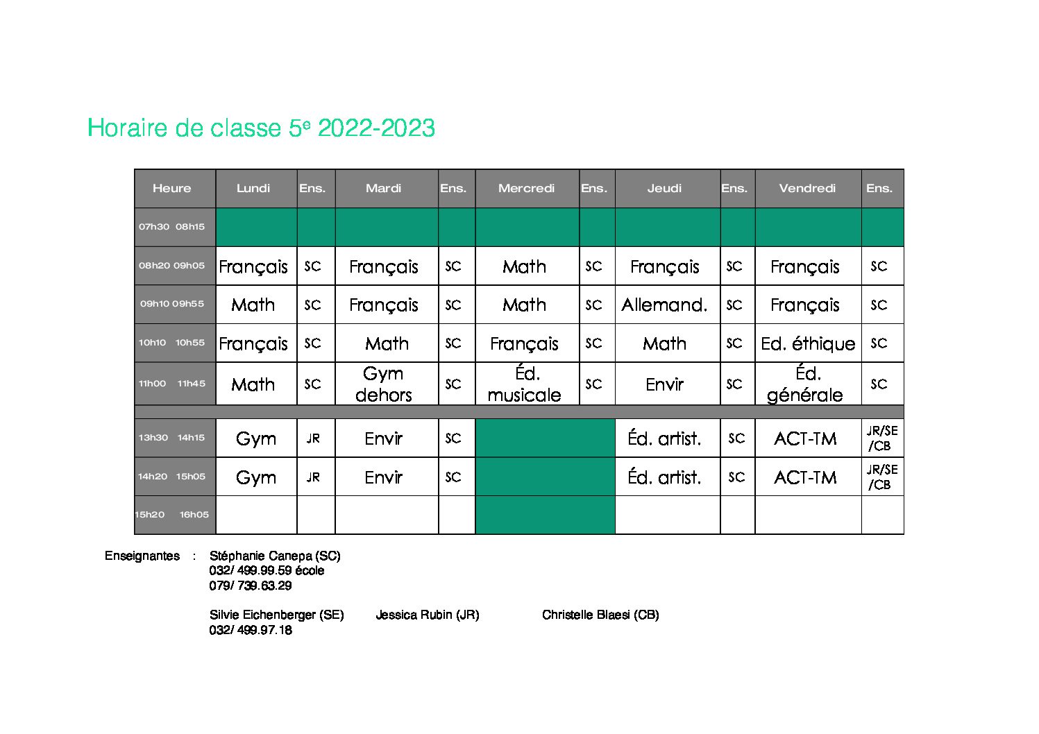 Horaires des classes - Syndicat Scolaire du Grand-Val